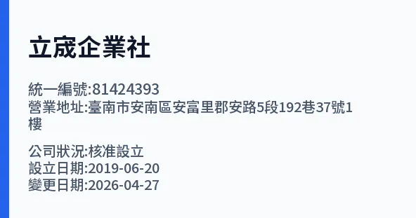立宬企業社的照片-統編 81424393(臺南市) 公司登記資料與營業項目詳細圖表