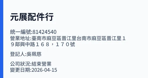 元展配件行的照片-統編 81424540(臺南市) 公司登記資料與營業項目詳細圖表