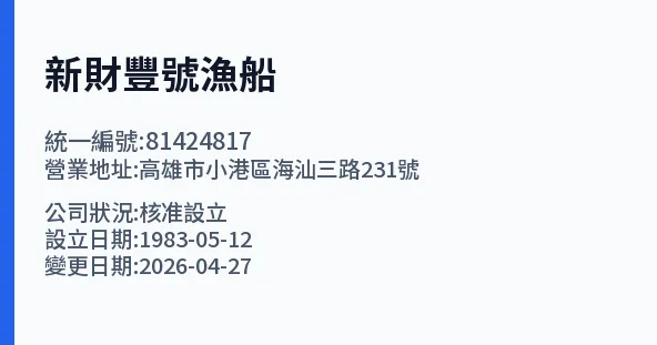 新財豐號漁船的照片-統編 81424817(高雄市) 公司登記資料與營業項目詳細圖表