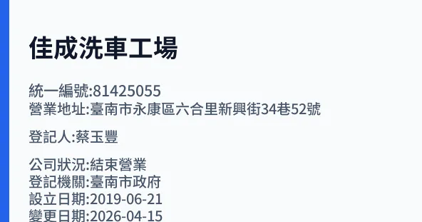 佳成洗車工場的照片-統編 81425055(臺南市) 公司登記資料與營業項目詳細圖表