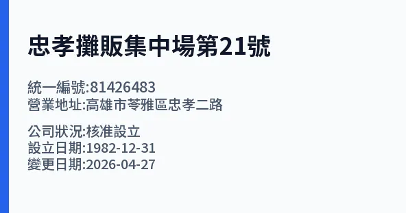 忠孝攤販集中場第21號的照片-統編 81426483(高雄市) 公司登記資料與營業項目詳細圖表