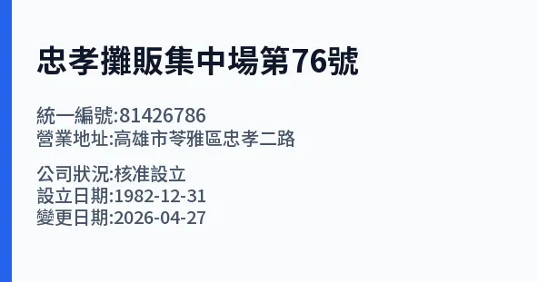 忠孝攤販集中場第76號的照片-統編 81426786(高雄市) 公司登記資料與營業項目詳細圖表