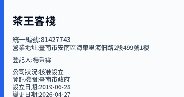 茶王客棧的照片-統編 81427743(臺南市) 公司登記資料與營業項目詳細圖表