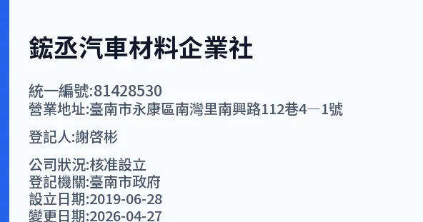 鋐丞汽車材料企業社的照片-統編 81428530(臺南市) 公司登記資料與營業項目詳細圖表