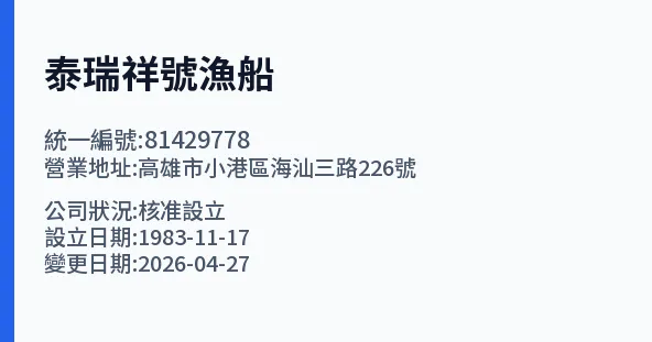 泰瑞祥號漁船的照片-統編 81429778(高雄市) 公司登記資料與營業項目詳細圖表