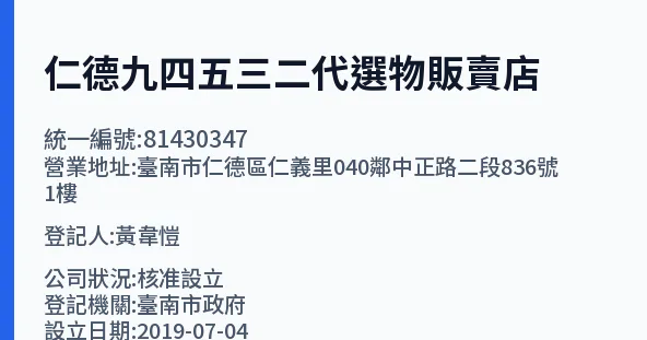 仁德九四五三二代選物販賣店的照片-統編 81430347(臺南市) 公司登記資料與營業項目詳細圖表