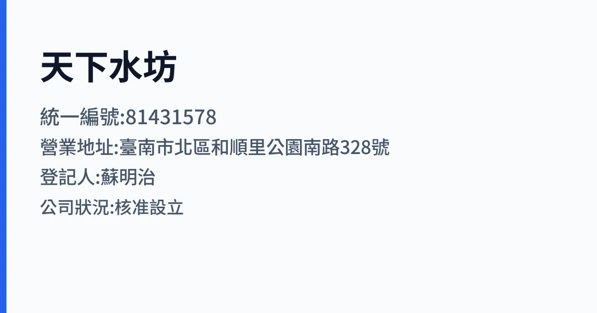 天下水坊 - 統編 81431578(臺南市) 公司登記資料與營業項目詳細圖表