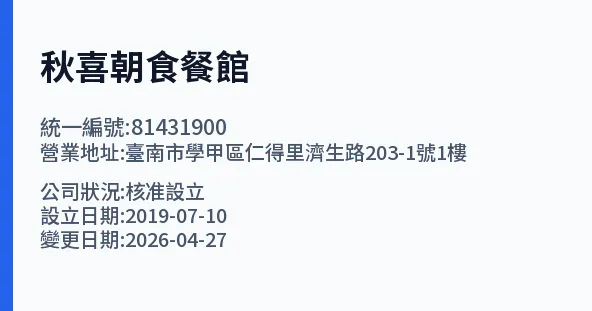 秋喜朝食餐館的照片-統編 81431900(臺南市) 公司登記資料與營業項目詳細圖表
