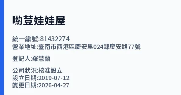 喲荳娃娃屋的照片-統編 81432274(臺南市) 公司登記資料與營業項目詳細圖表