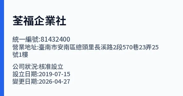 荃福企業社的照片-統編 81432400(臺南市) 公司登記資料與營業項目詳細圖表