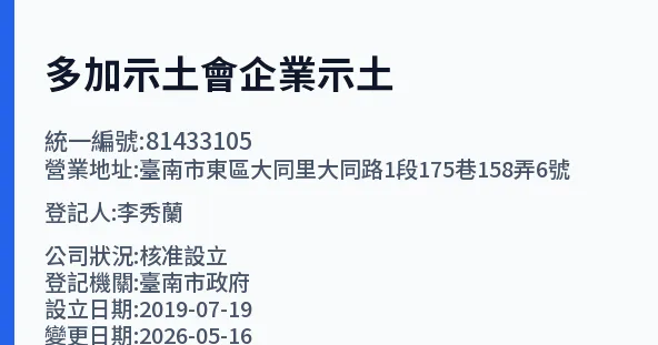多加示土會企業示土的照片-統編 81433105(臺南市) 公司登記資料與營業項目詳細圖表