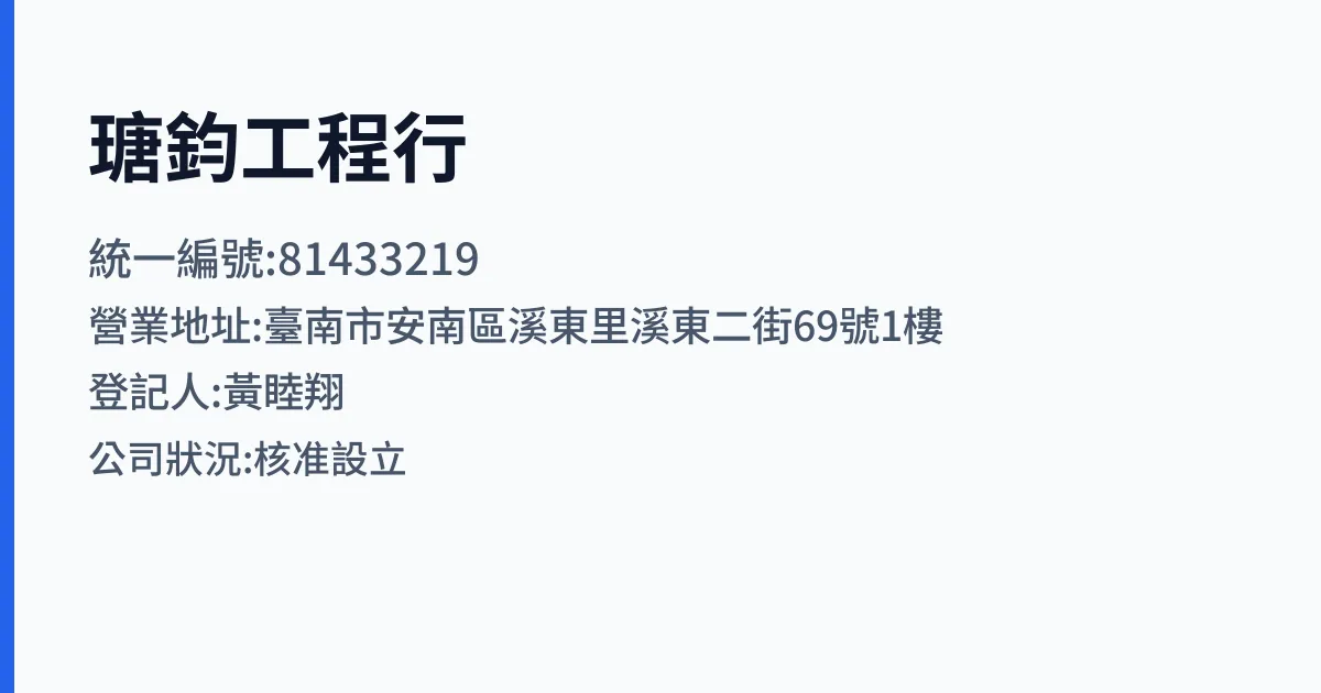 瑭鈞工程行 - 統編 81433219(臺南市) 公司登記資料與營業項目詳細圖表