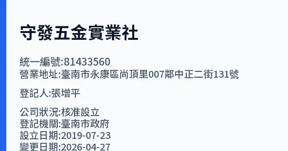 守發五金實業社的照片-統編 81433560(臺南市) 公司登記資料與營業項目詳細圖表
