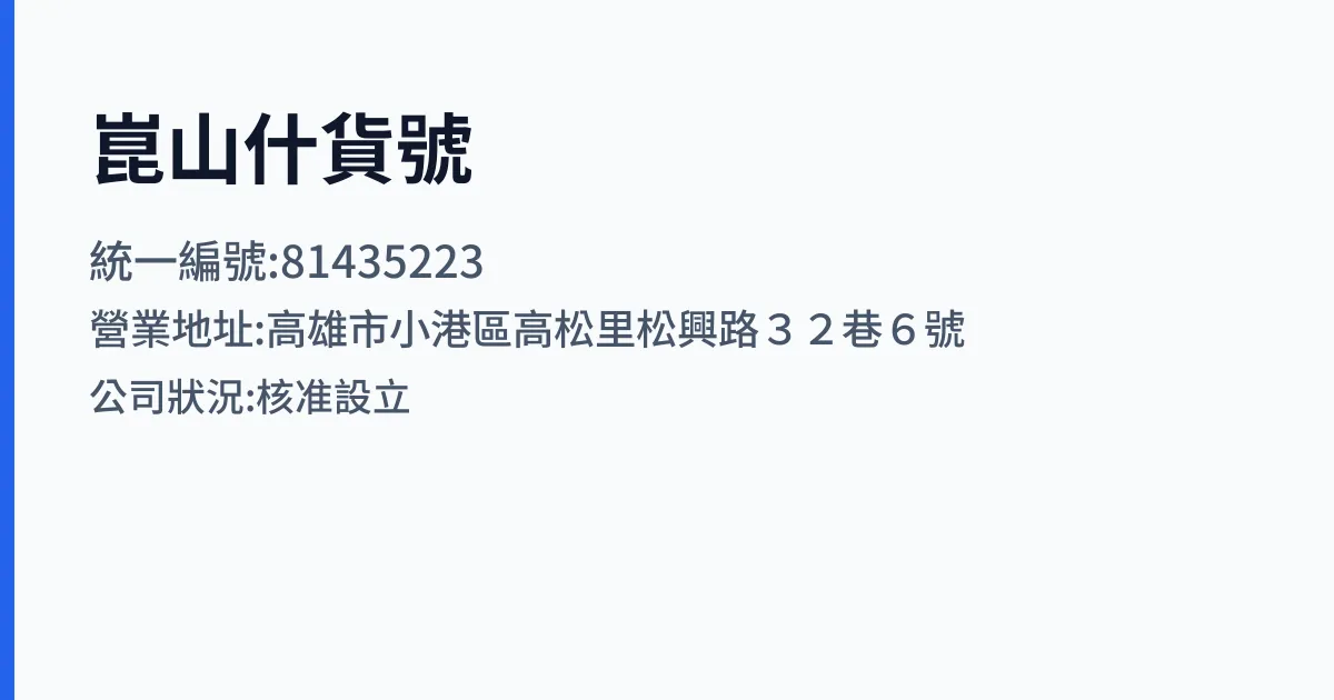 崑山什貨號 - 統編 81435223(高雄市) 公司登記資料與營業項目詳細圖表