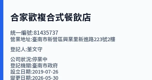 合家歡複合式餐飲店的照片-統編 81435737(臺南市) 公司登記資料與營業項目詳細圖表