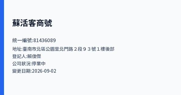 蘇活客商號的照片-統編 81436089(臺南市) 公司登記資料與營業項目詳細圖表