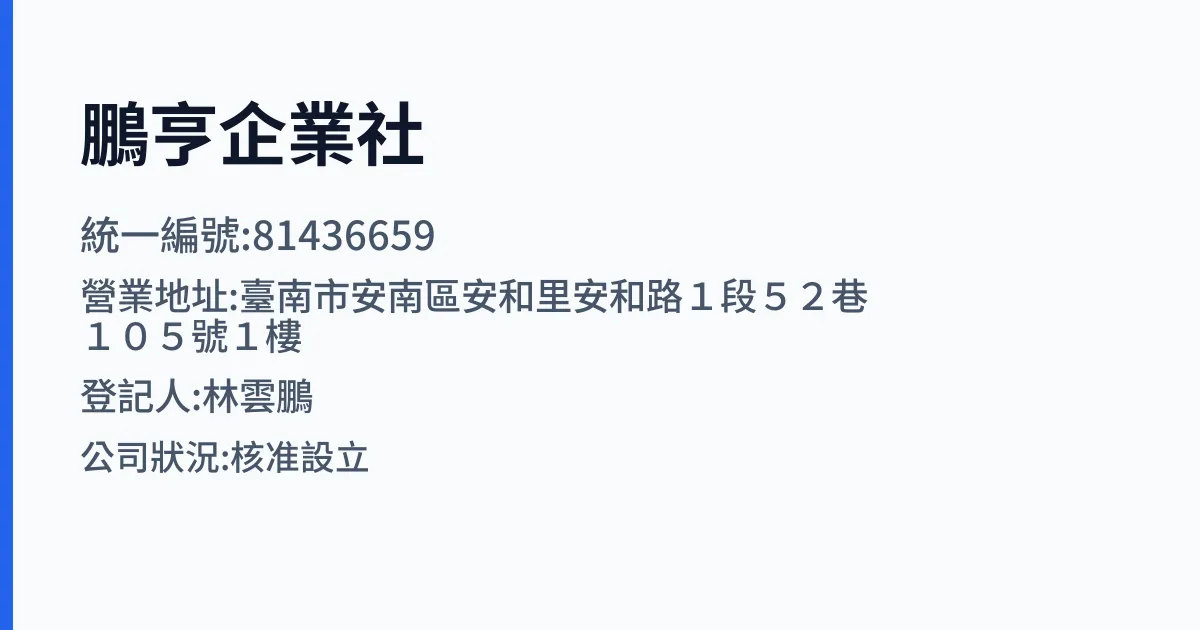 鵬亨企業社 - 統編 81436659(臺南市) 公司登記資料與營業項目詳細圖表