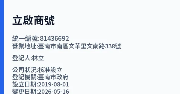 立啟商號的照片-統編 81436692(臺南市) 公司登記資料與營業項目詳細圖表