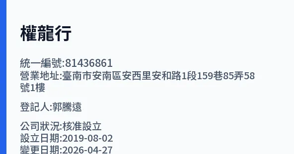 權龍行的照片-統編 81436861(臺南市) 公司登記資料與營業項目詳細圖表