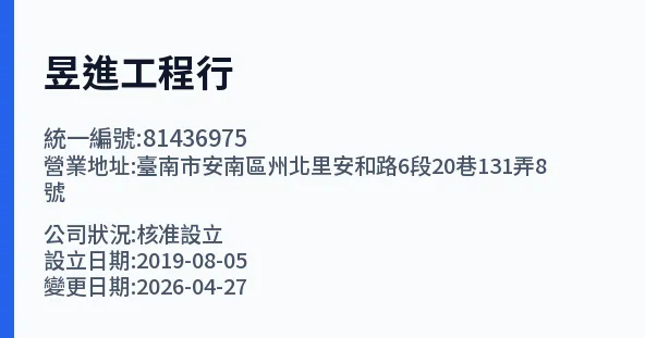 昱進工程行的照片-統編 81436975(臺南市) 公司登記資料與營業項目詳細圖表