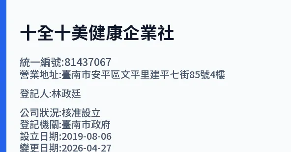 十全十美健康企業社的照片-統編 81437067(臺南市) 公司登記資料與營業項目詳細圖表