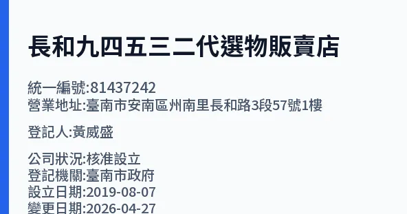 長和九四五三二代選物販賣店的照片-統編 81437242(臺南市) 公司登記資料與營業項目詳細圖表