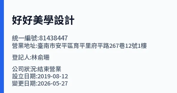 好好美學設計的照片-統編 81438447(臺南市) 公司登記資料與營業項目詳細圖表