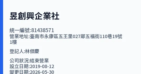 昱創興企業社的照片-統編 81438571(臺南市) 公司登記資料與營業項目詳細圖表