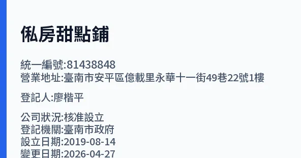 俬房甜點鋪的照片-統編 81438848(臺南市) 公司登記資料與營業項目詳細圖表