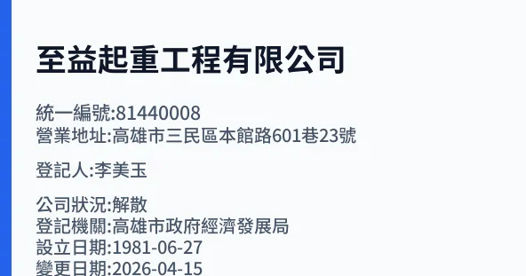 至益起重工程有限公司的照片-統編 81440008(高雄市) 公司登記資料與營業項目詳細圖表