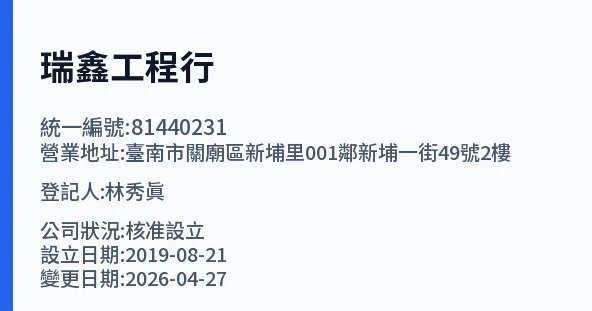 瑞鑫工程行的照片-統編 81440231(臺南市) 公司登記資料與營業項目詳細圖表