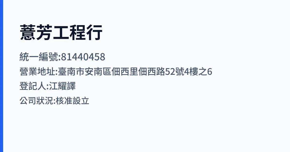 薏芳工程行 - 統編 81440458（臺南市） 公司登記資料與營業項目詳細圖表