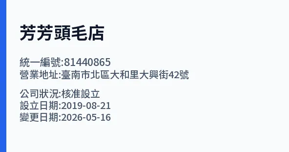 芳芳頭毛店的照片-統編 81440865(臺南市) 公司登記資料與營業項目詳細圖表