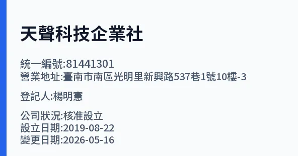天聲科技企業社的照片-統編 81441301(臺南市) 公司登記資料與營業項目詳細圖表
