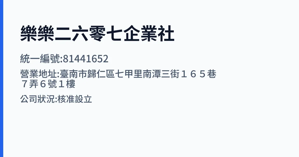 樂樂二六零七企業社 - 統編 81441652 (臺南市) 公司登記資料與營業項目詳細圖表