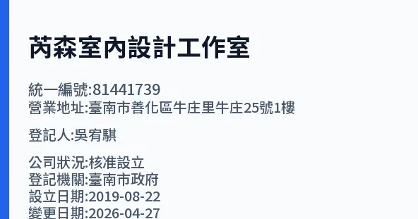 芮森室內設計工作室的照片-統編 81441739(臺南市) 公司登記資料與營業項目詳細圖表