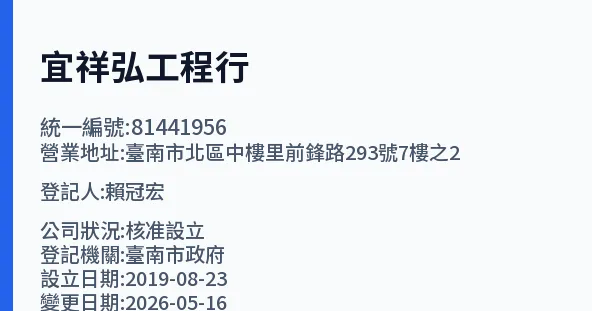 宜祥弘工程行的照片-統編 81441956(臺南市) 公司登記資料與營業項目詳細圖表