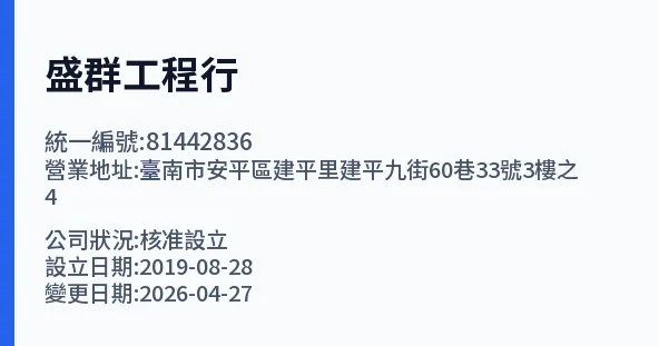 盛群工程行的照片-統編 81442836(臺南市) 公司登記資料與營業項目詳細圖表