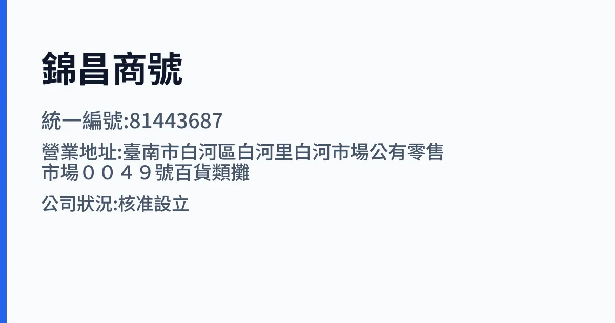 錦昌商號 - 統編 81443687(臺南市) 公司登記資料與營業項目詳細圖表