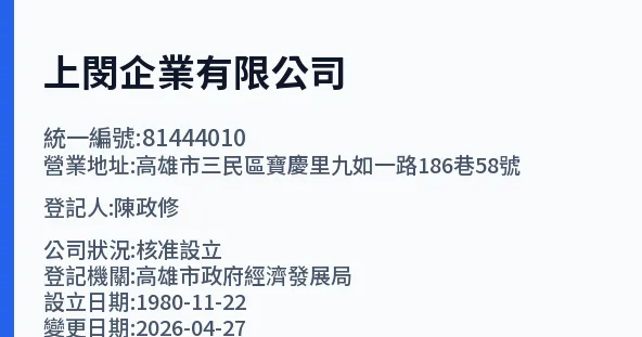 上閔企業有限公司的照片-統編 81444010(高雄市) 公司登記資料與營業項目詳細圖表