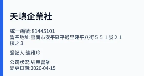 天嶼企業社的照片-統編 81445101(臺南市) 公司登記資料與營業項目詳細圖表
