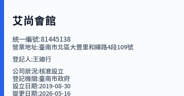 艾尚會館的照片-統編 81445138(臺南市) 公司登記資料與營業項目詳細圖表