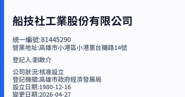 船技社工業股份有限公司的照片-統編 81445290(高雄市) 公司登記資料與營業項目詳細圖表