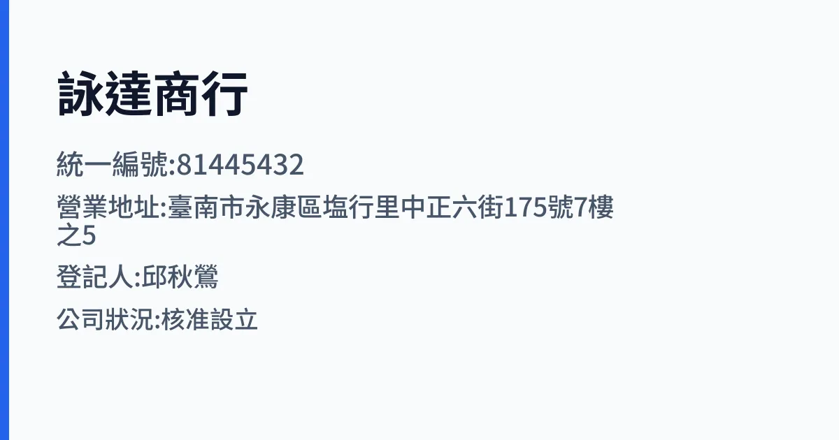 詠達商行 - 統編 81445432(臺南市) 公司登記資料與營業項目詳細圖表