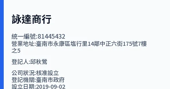 詠達商行的照片-統編 81445432(臺南市) 公司登記資料與營業項目詳細圖表