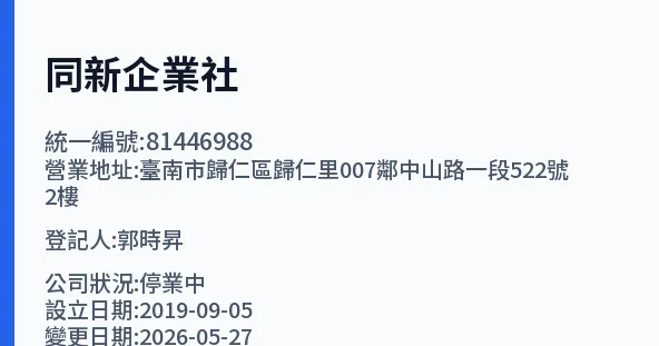 同新企業社的照片-統編 81446988(臺南市) 公司登記資料與營業項目詳細圖表