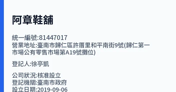 阿章鞋舖的照片-統編 81447017(臺南市) 公司登記資料與營業項目詳細圖表