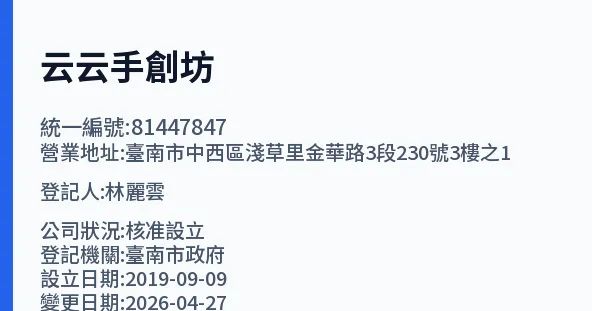 云云手創坊的照片-統編 81447847(臺南市) 公司登記資料與營業項目詳細圖表