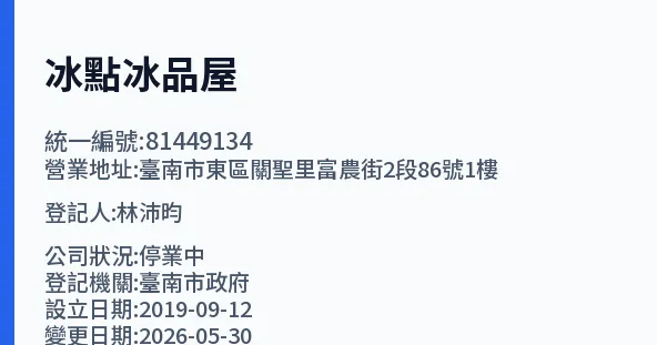 冰點冰品屋的照片-統編 81449134(臺南市) 公司登記資料與營業項目詳細圖表