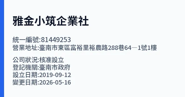 雅金小筑企業社的照片-統編 81449253(臺南市) 公司登記資料與營業項目詳細圖表
